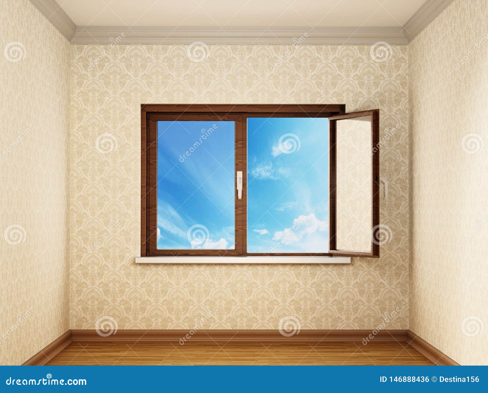 Half Open Windows Inside an Empty Room Opening To Blue Sky. 3D ...