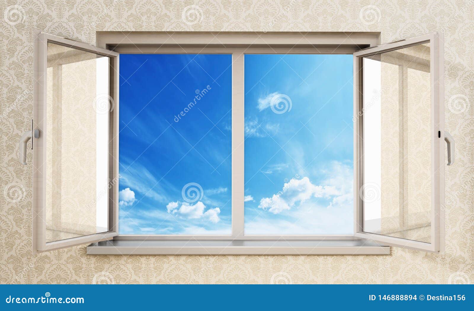 Half Open Windows Inside an Empty Room Opening To Blue Sky. 3D ...