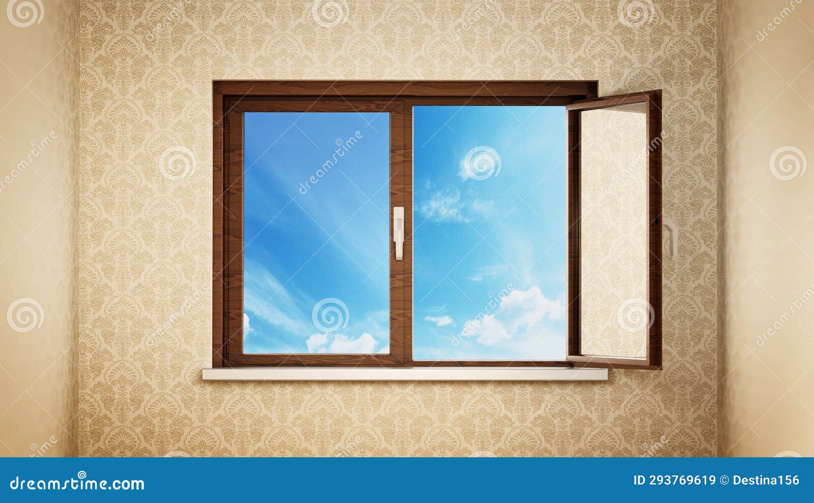 Half Open Windows Inside an Empty Room Opening To Blue Sky. 3D ...