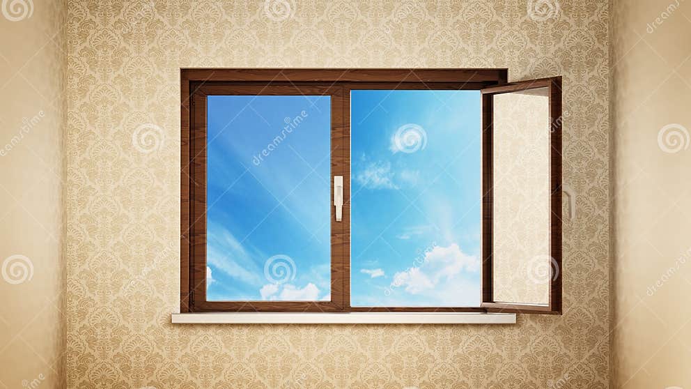 Half Open Windows Inside an Empty Room Opening To Blue Sky. 3D ...