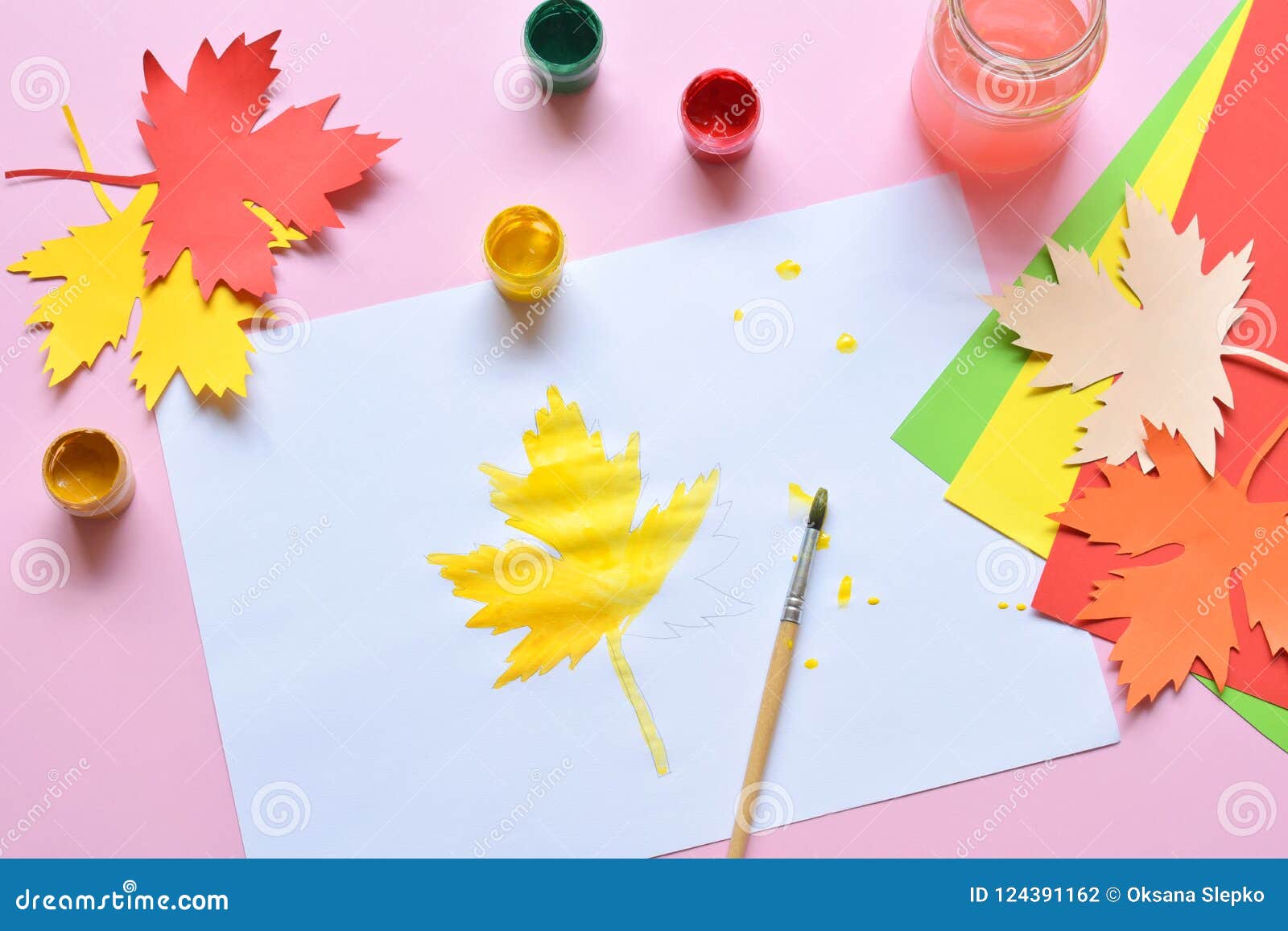 Half-painted Maple Leaf, Paint and Brush. Unfinished Work. Quitter ...