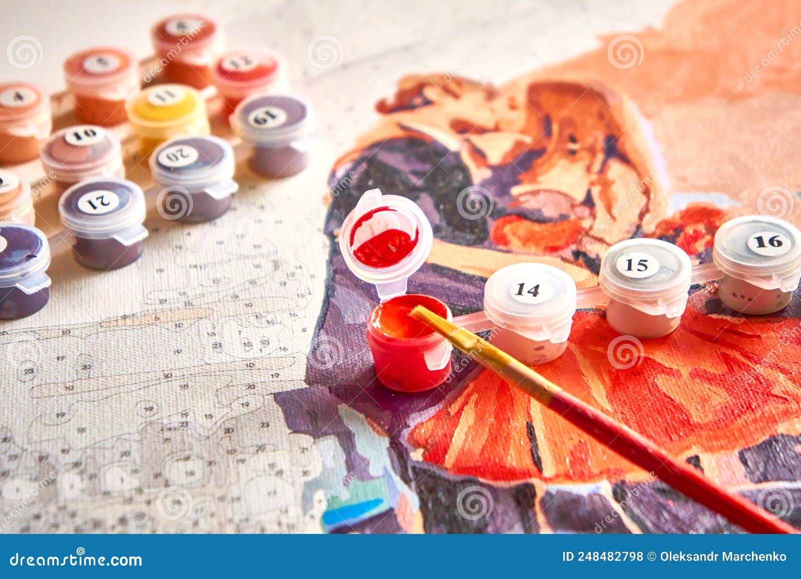 Half Painted Painting by Numbers Using Acrylic Paint Jars and a Brush ...