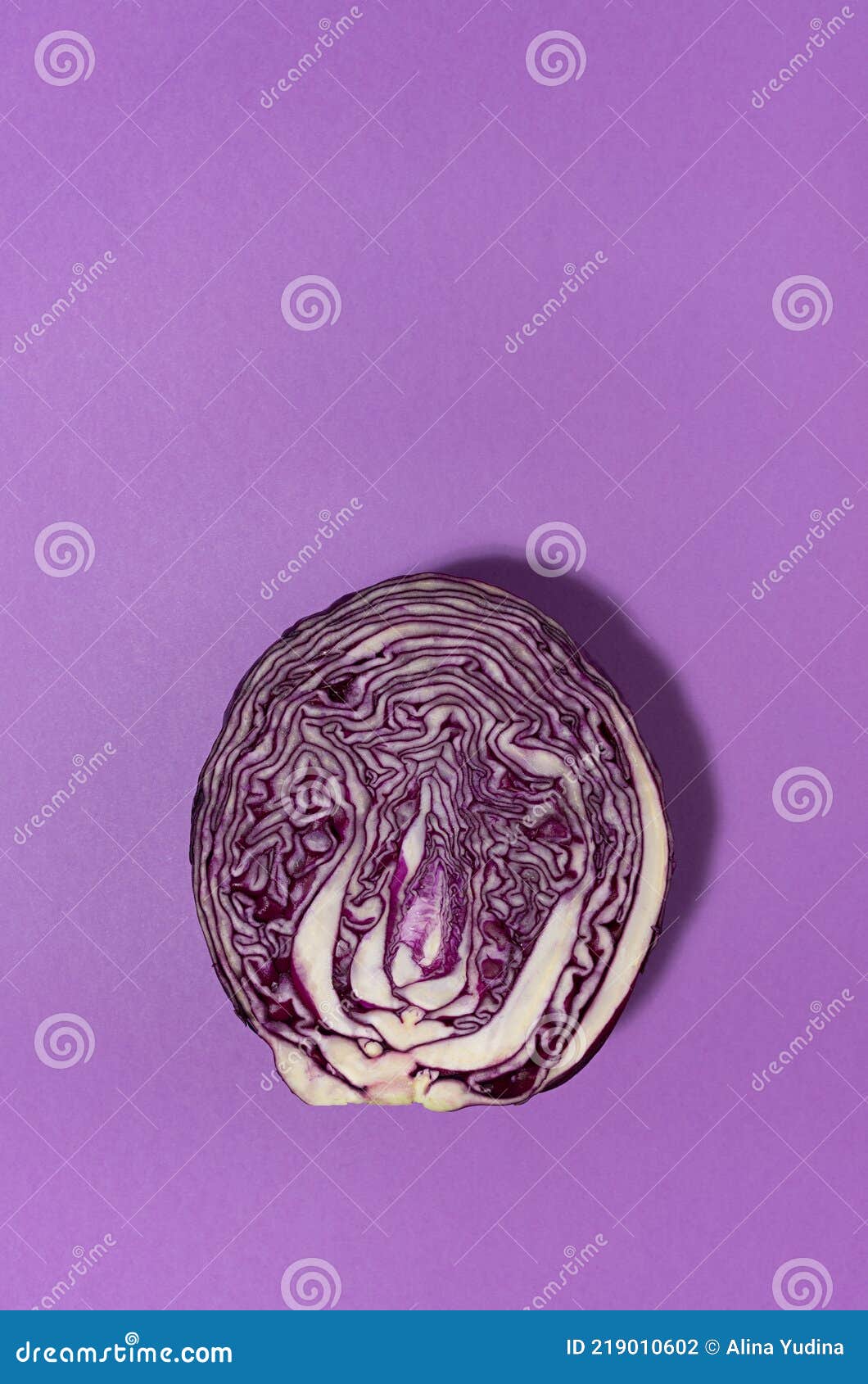 Half Red Cabbage with Shadow on Purple Backdrop, Top View, Copy Space ...