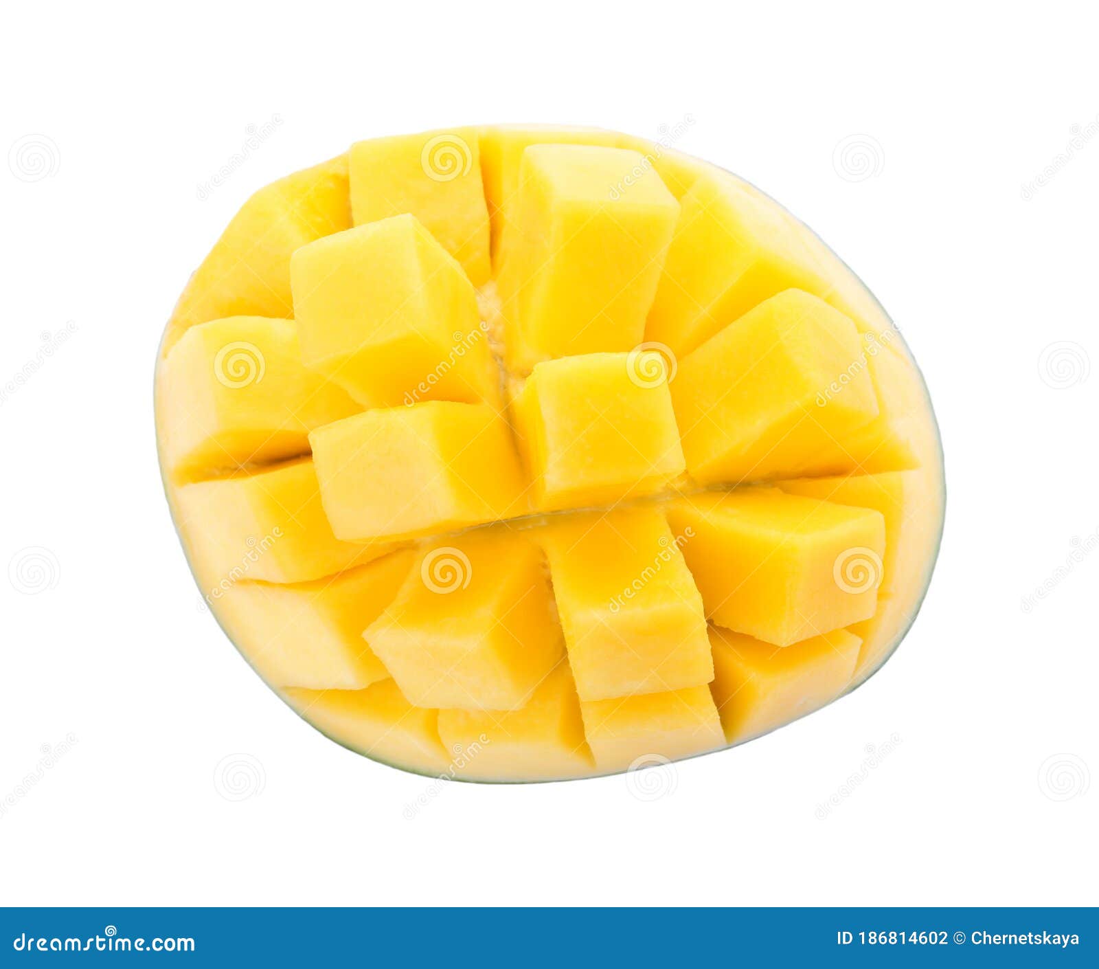 Half of Ripe Mango Cut into Cubes Isolated, Top View Stock Photo ...