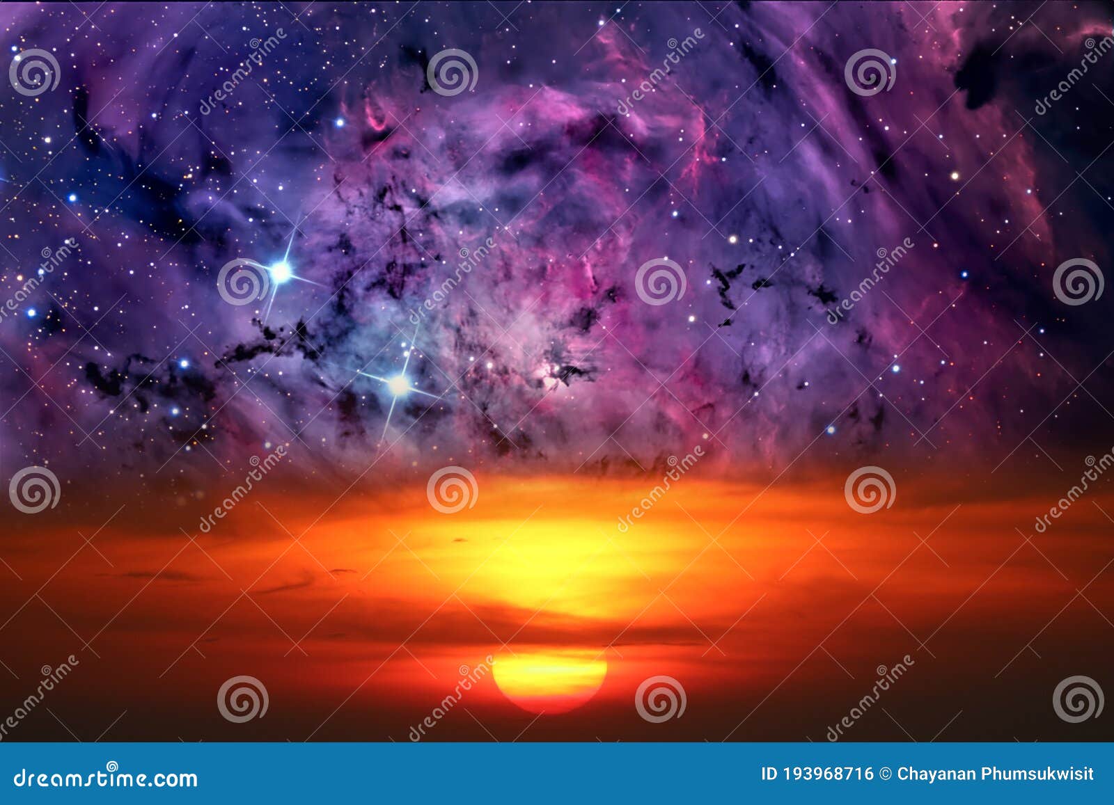 Half Sun Back Red Cloud and Nebula Galaxy on the Sunset Sky Stock Photo ...