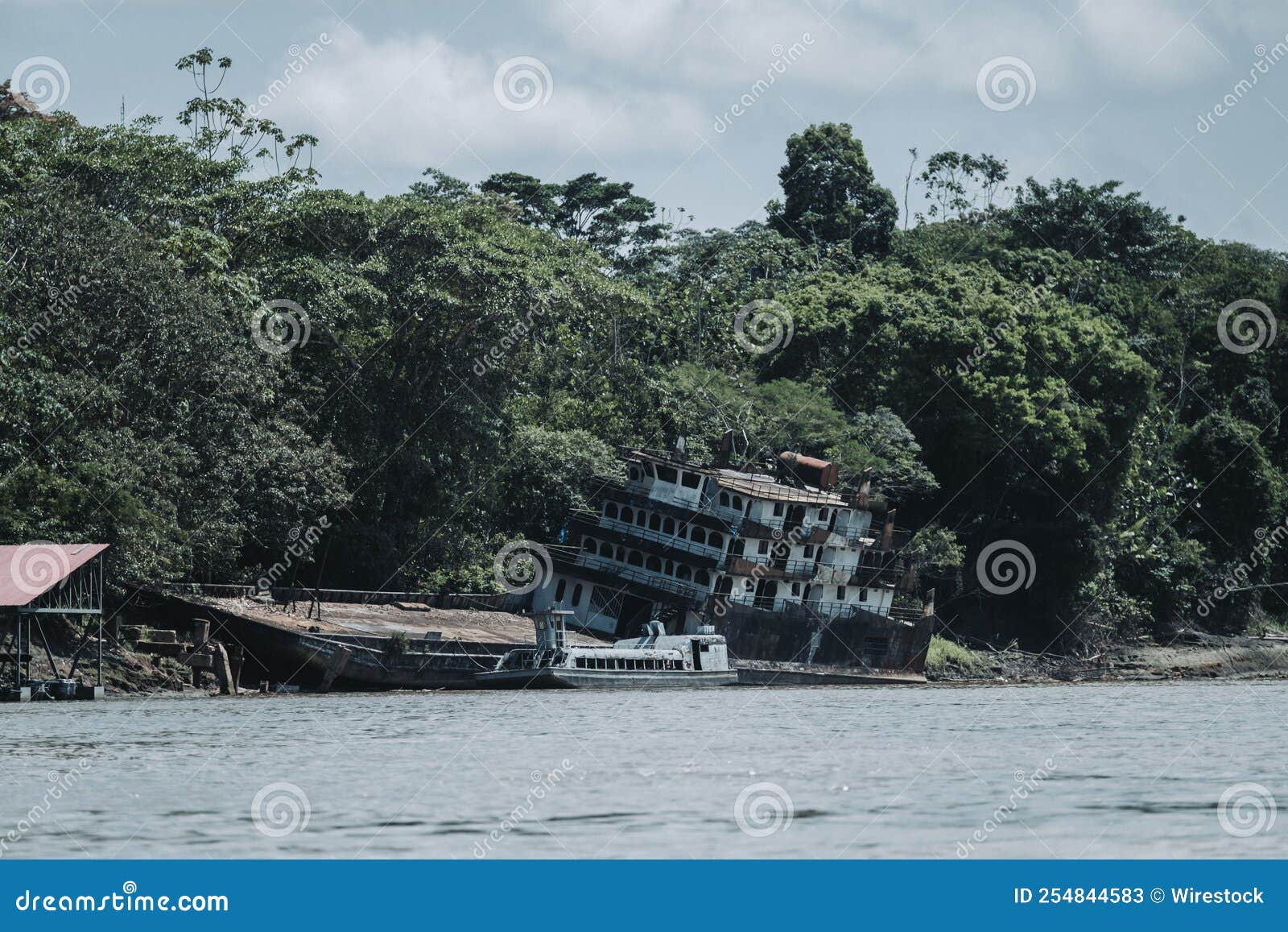 Half Sunken Ship on the Shore of the Peruvian Amazonia Rainforest Stock ...