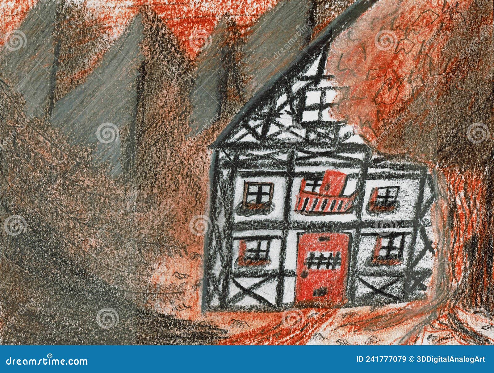 Half-Timbered House in the Forest - Red Chalk Drawing Stock Vector ...