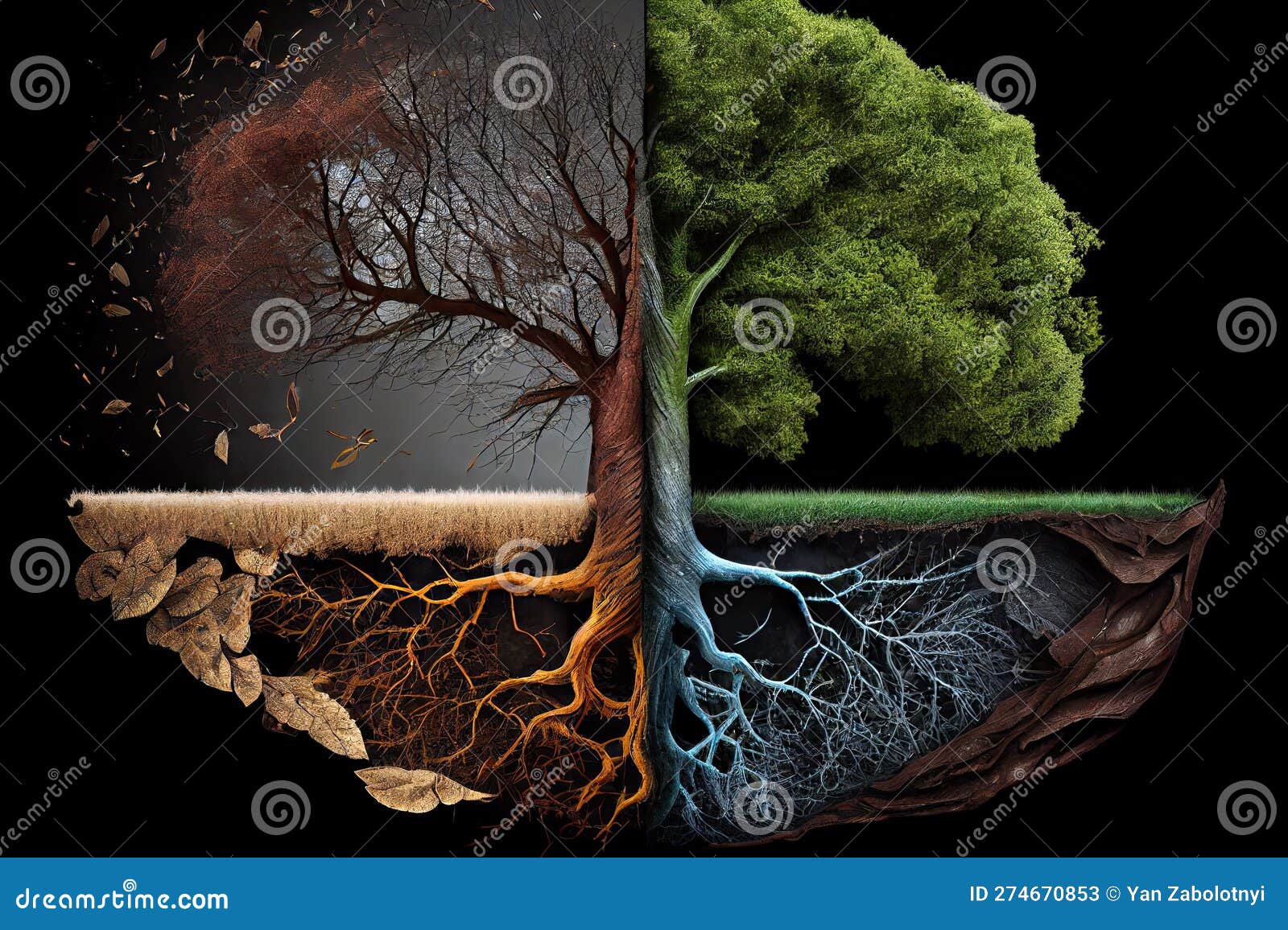 Half of the Tree is Intact and Green, the Other Half is Withered Brown ...