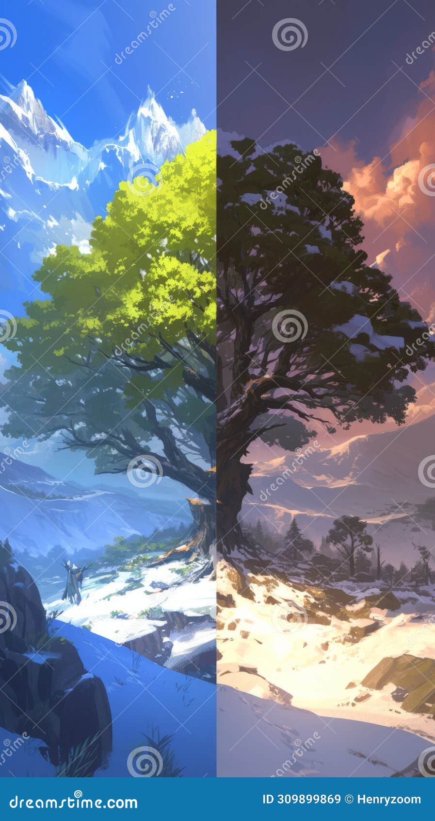 Half Tree in Winter, Half Tree in Spring and Summer, Change of Seasons ...