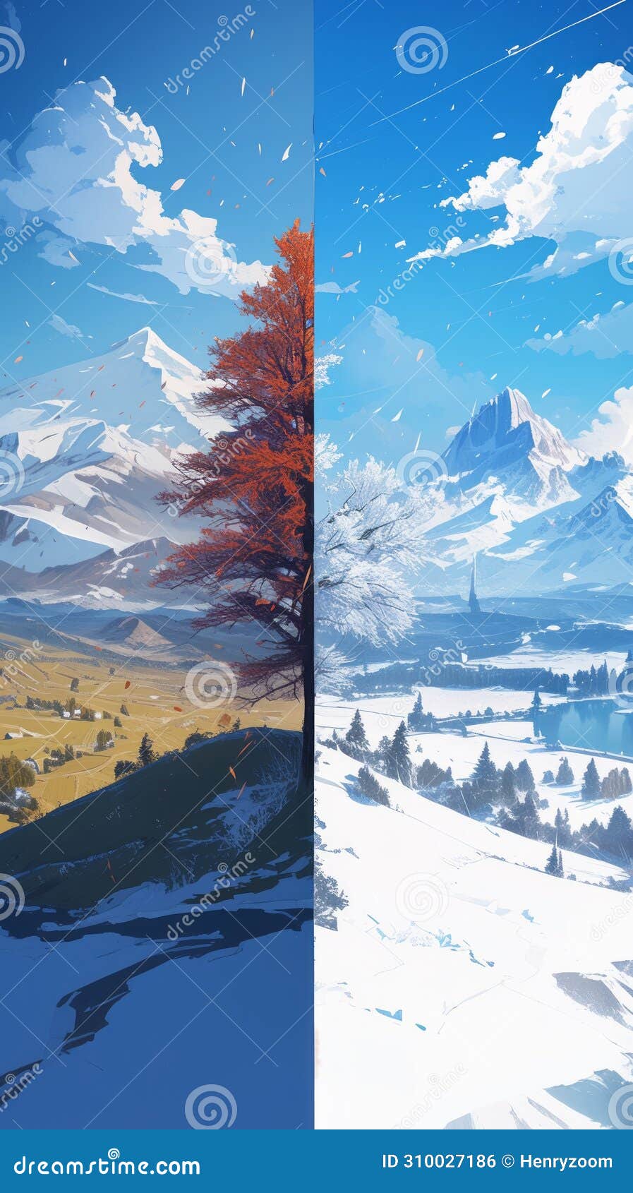 Half Tree in Winter, Half Tree in Spring and Summer, Change of Seasons ...