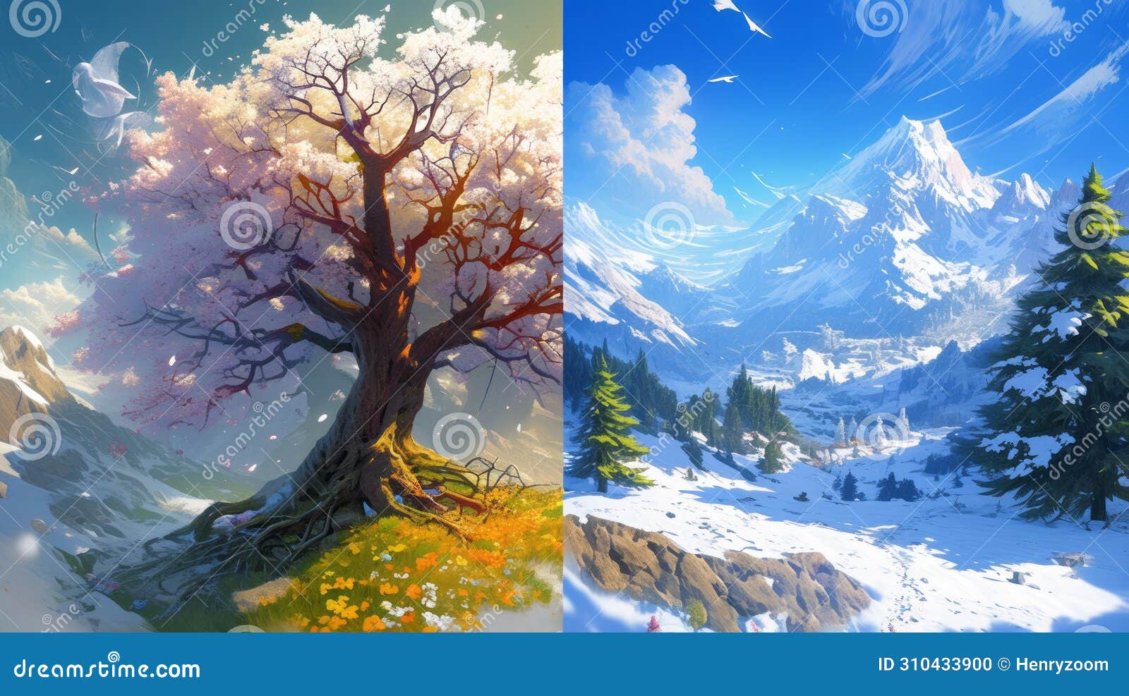 Half Tree in Winter, Half Tree in Spring and Summer, Change of Seasons ...