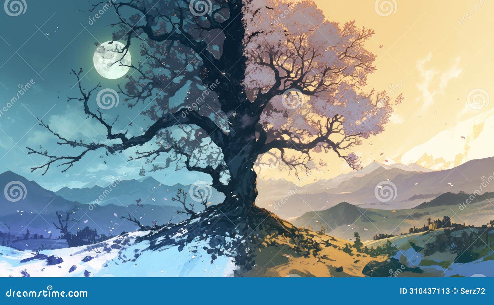 Half Tree in Winter, Half Tree in Spring and Summer, Change of Seasons ...