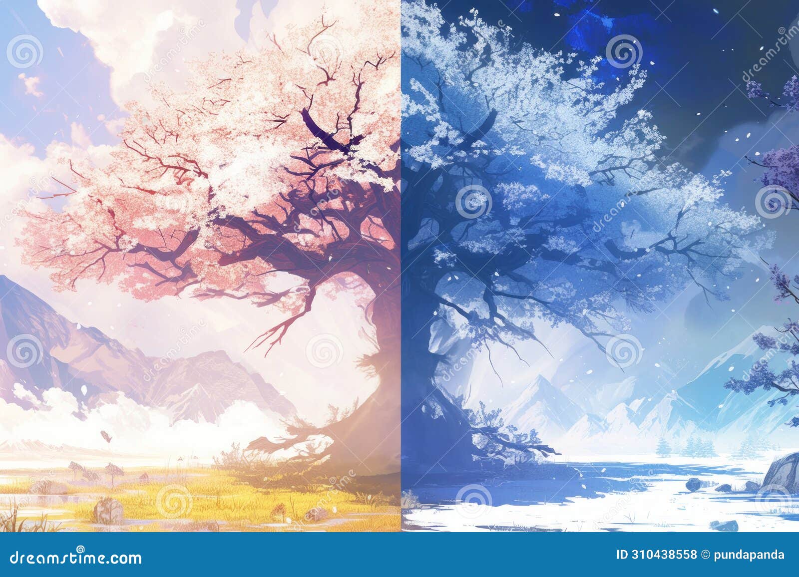 Half Tree in Winter, Half Tree in Spring and Summer, Change of Seasons ...