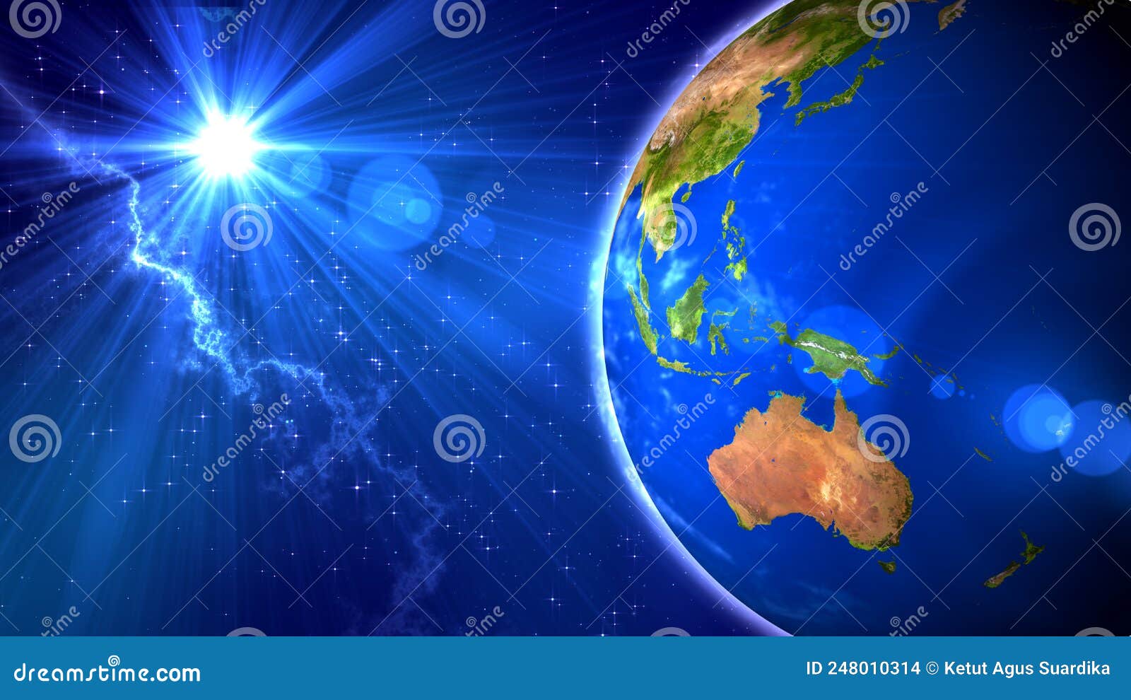 Half View Earth Planet on Bright Blue Sunshine Starry Sky Outer Space ...