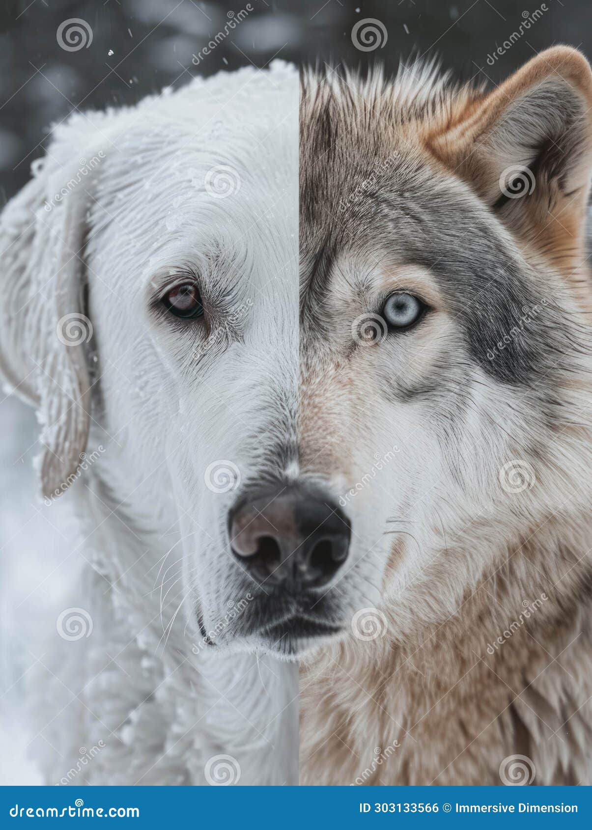 Half White Labrador Dog Face on Left and Half Elderly White Wolf on the ...