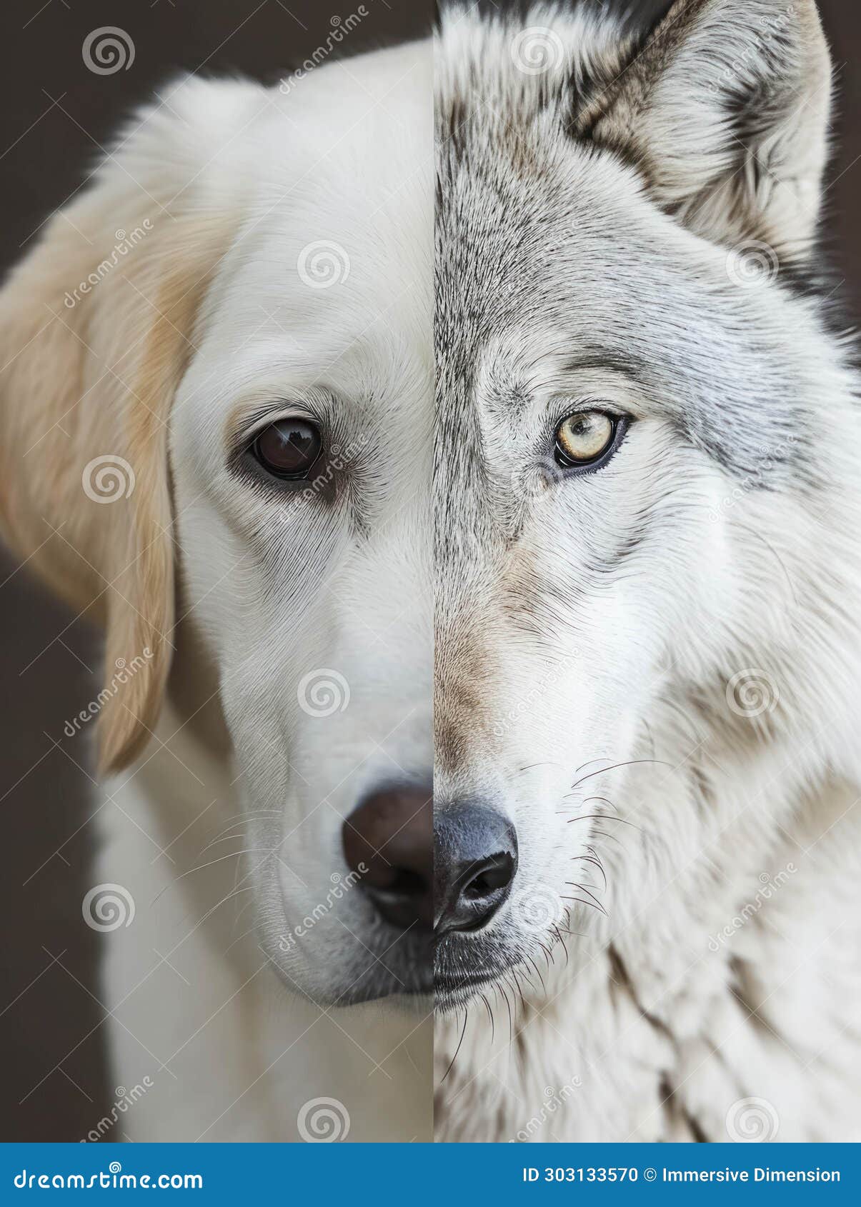 Half White Labrador Dog Face on Left and Half Elderly White Wolf on the ...