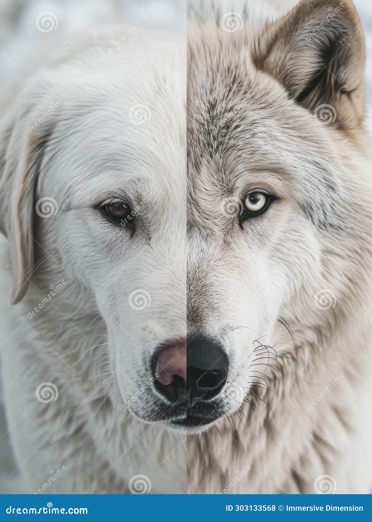 Half White Labrador Dog Face on Left and Half Elderly White Wolf on the ...