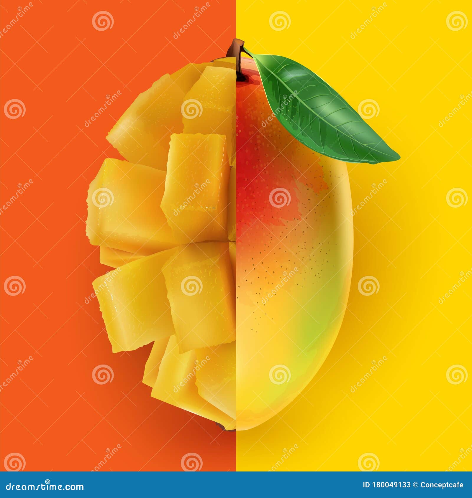 Half A Whole Mango Combined With A Half Diced Mango. Cartoon Vector ...