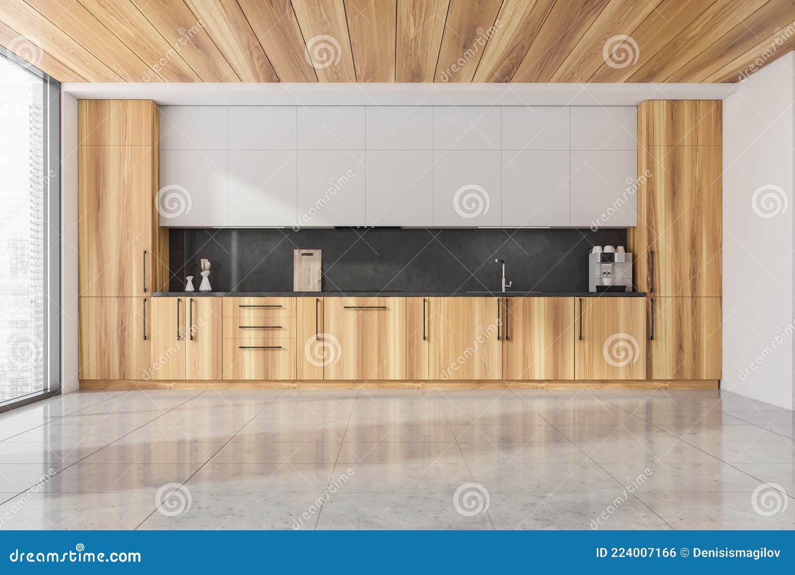 Half Wooden Panoramic Kitchen with White Upper Element, Black ...