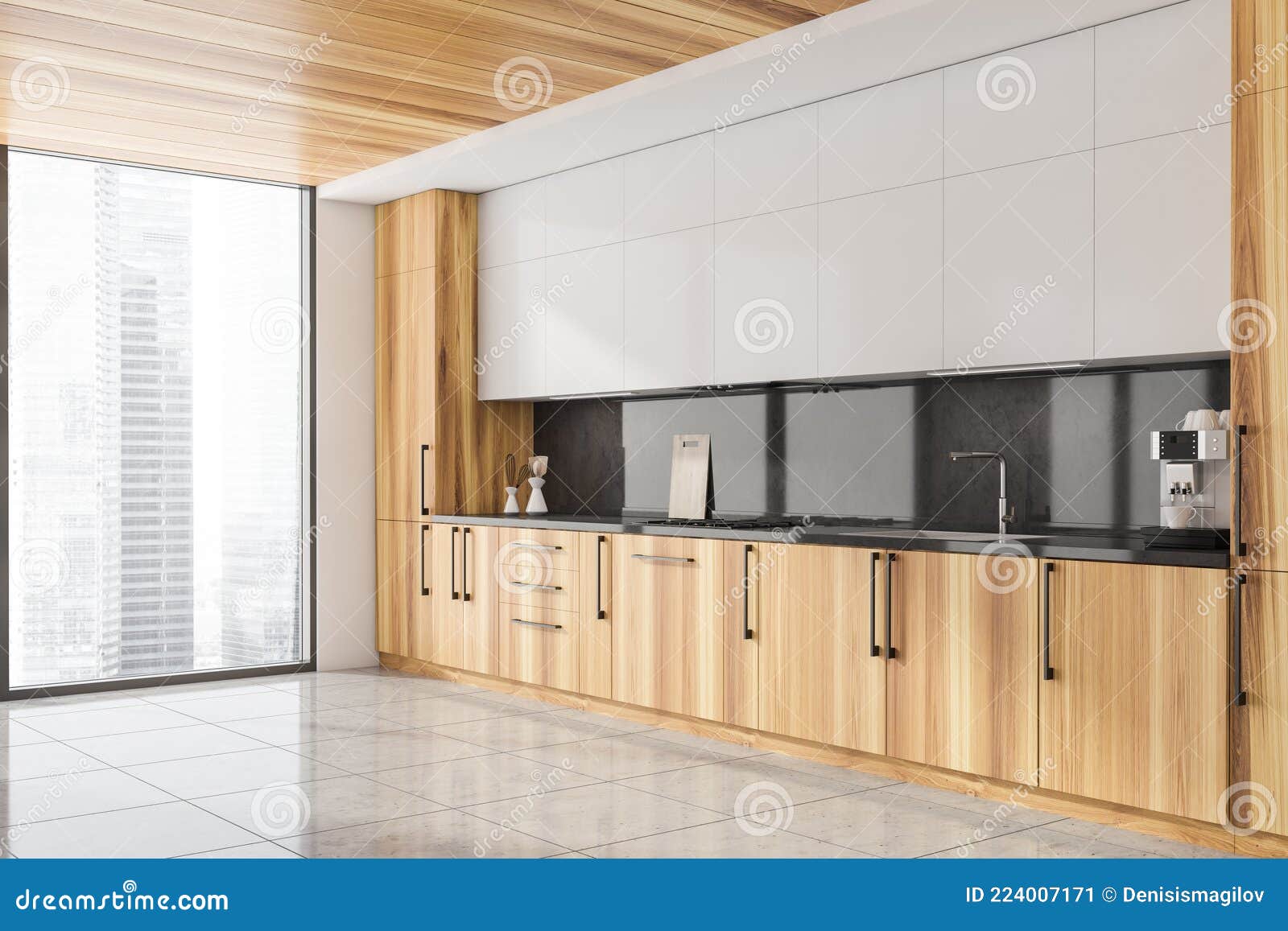 Half Wooden White Modular Kitchen with Cabinet, Panoramic View Stock ...