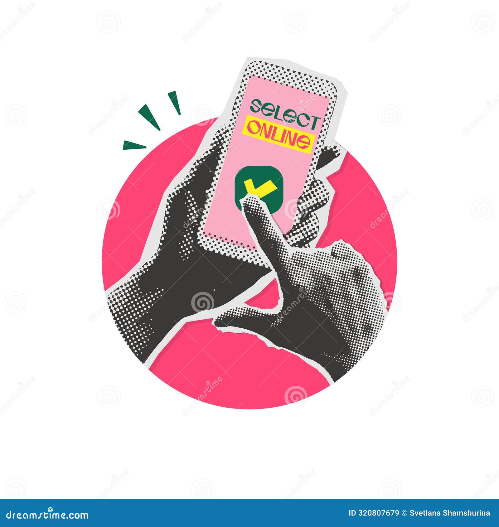 Halftone Collage of Hand with Phone with Sale Promotion Stock Vector ...