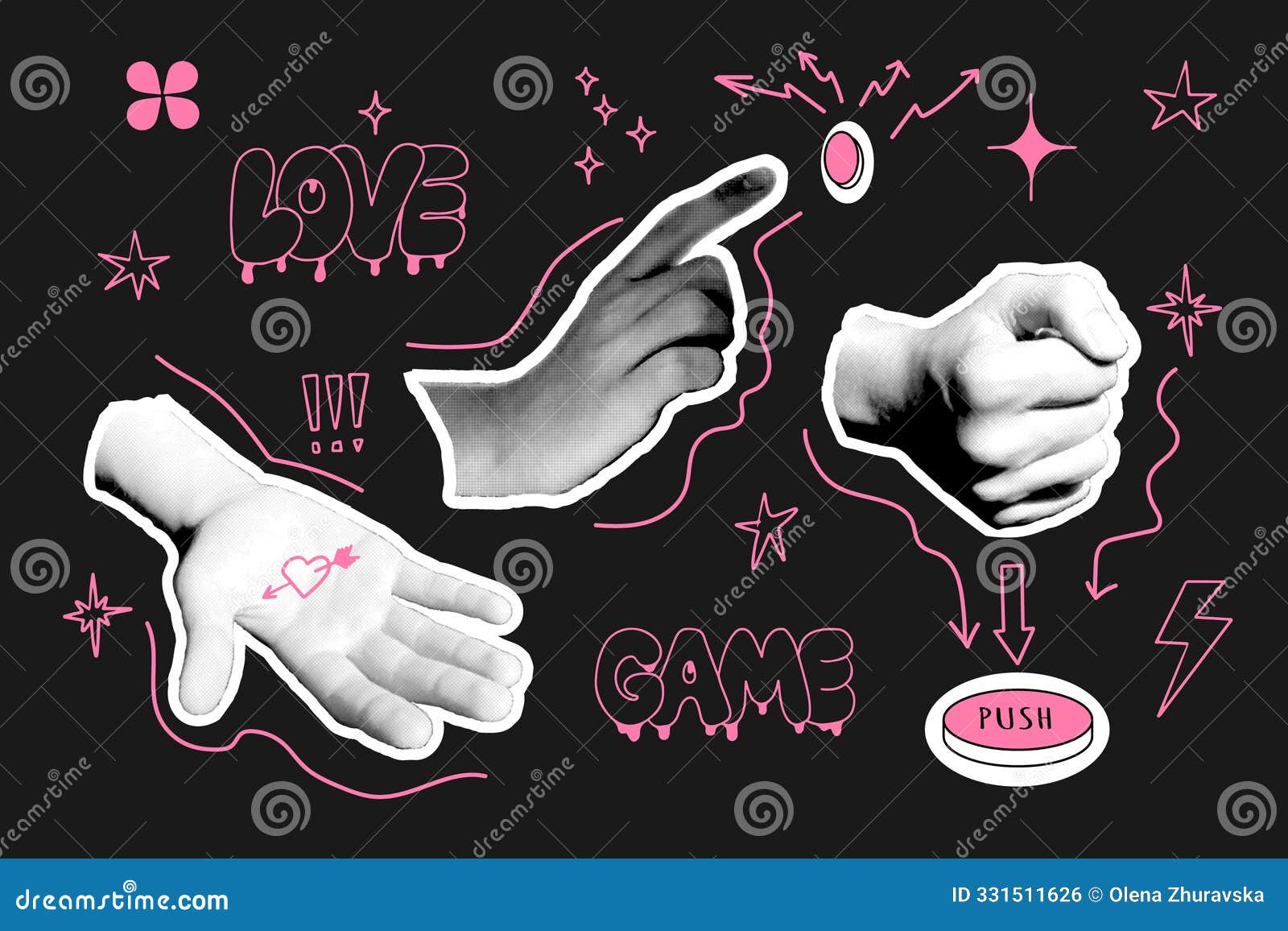 Halftone Collage With Hands And Scribbles Vector Illustration ...