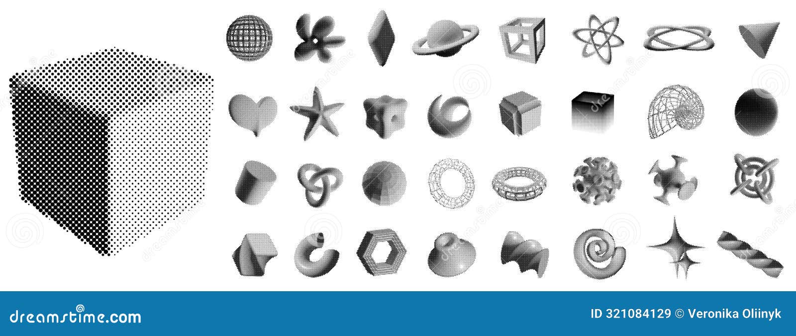 Halftone 3D Shapes. Geometric Figures and Abstract Forms with Halftone ...