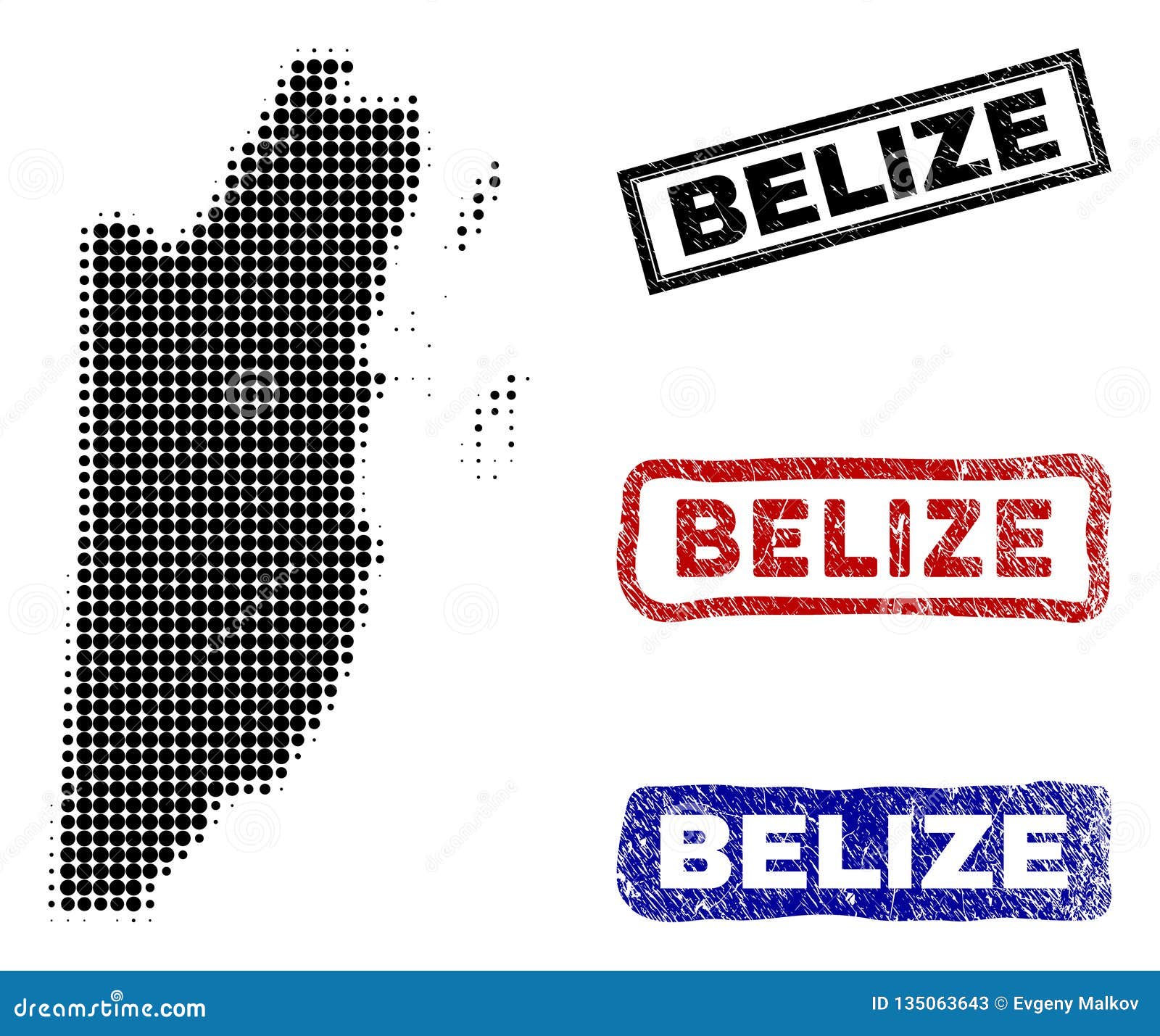 Belize Map in Halftone Dot Style with Grunge Name Stamps Stock Vector ...