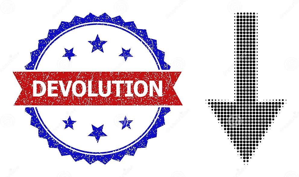Halftone Down Arrow Icon and Textured Bicolor Devolution Seal Stock ...