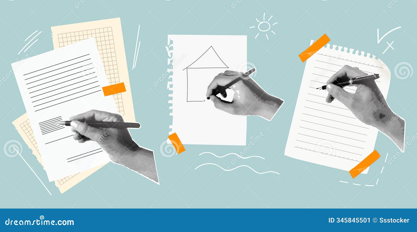 Halftone Hands Write. Hand with Pen Writing Notebook Rip Torn Sheet ...