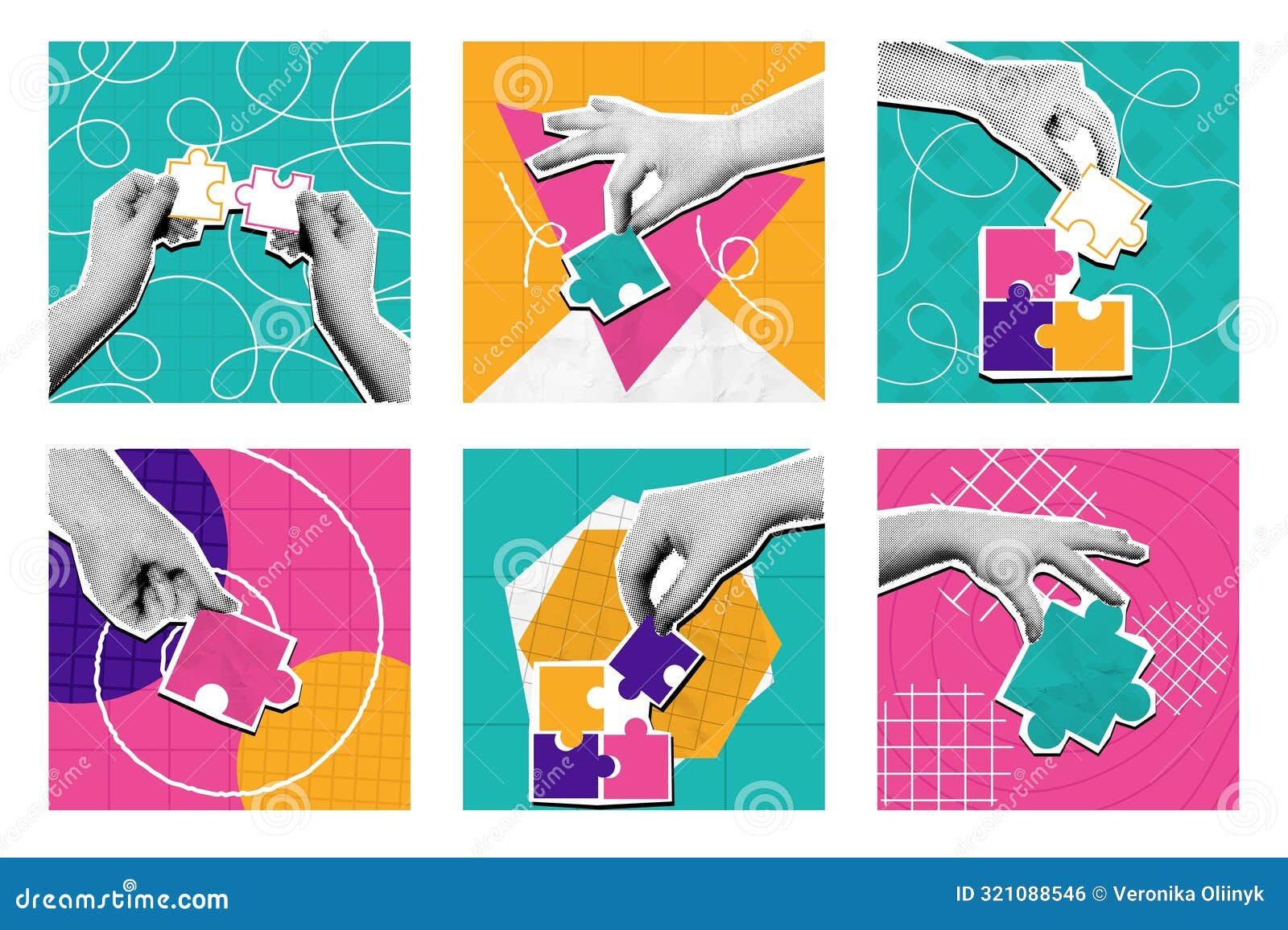 Halftone Puzzle Collage. Mixed Media Hands Holding Puzzle Pieces ...