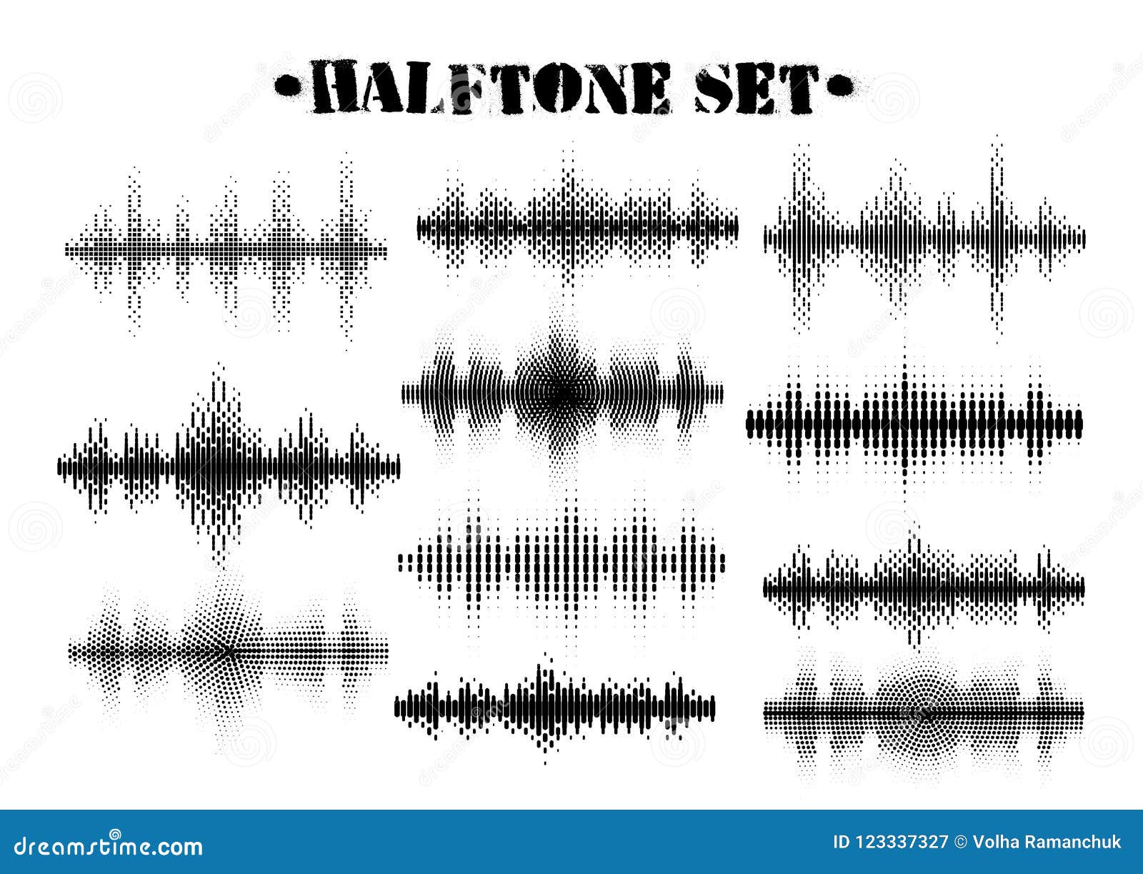 Halftone Sound Wave Black and White Patterns Set.Tech Music Design ...