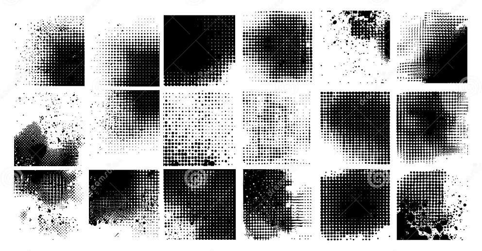 Halftone Squares Black Ink Vector Set. Rectangles Dots Frames Grunge ...