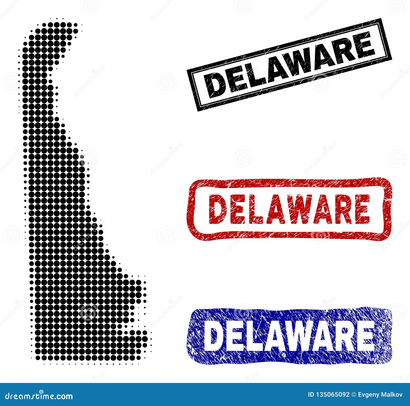 Delaware State Map in Halftone Dot Style with Grunge Title Stamps Stock ...