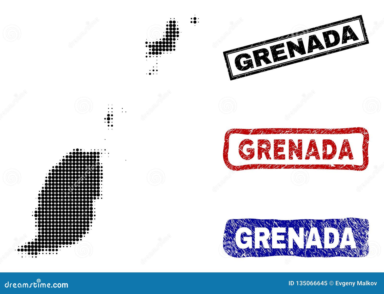 Grenada Map in Halftone Dot Style with Grunge Name Stamps Stock Vector ...