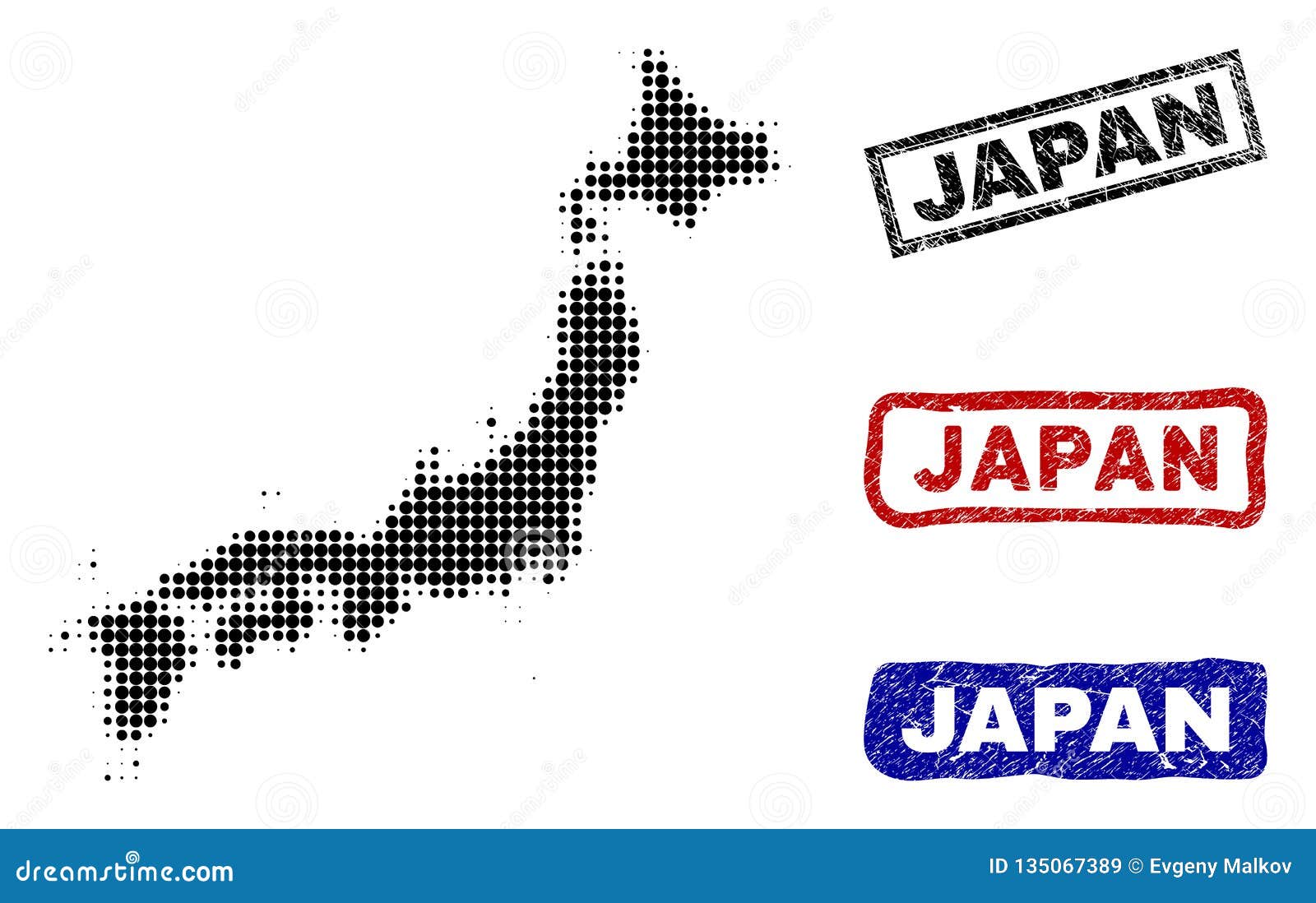 Japan Map in Halftone Dot Style with Grunge Title Stamps Stock Vector ...