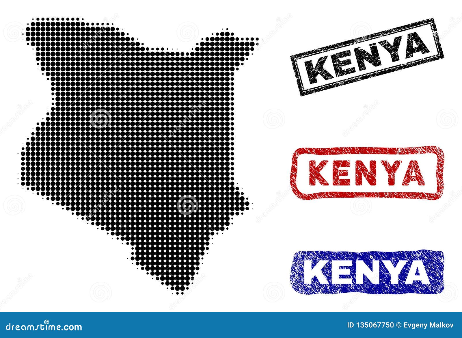 Kenya Map in Halftone Dot Style with Grunge Caption Stamps Stock Vector ...