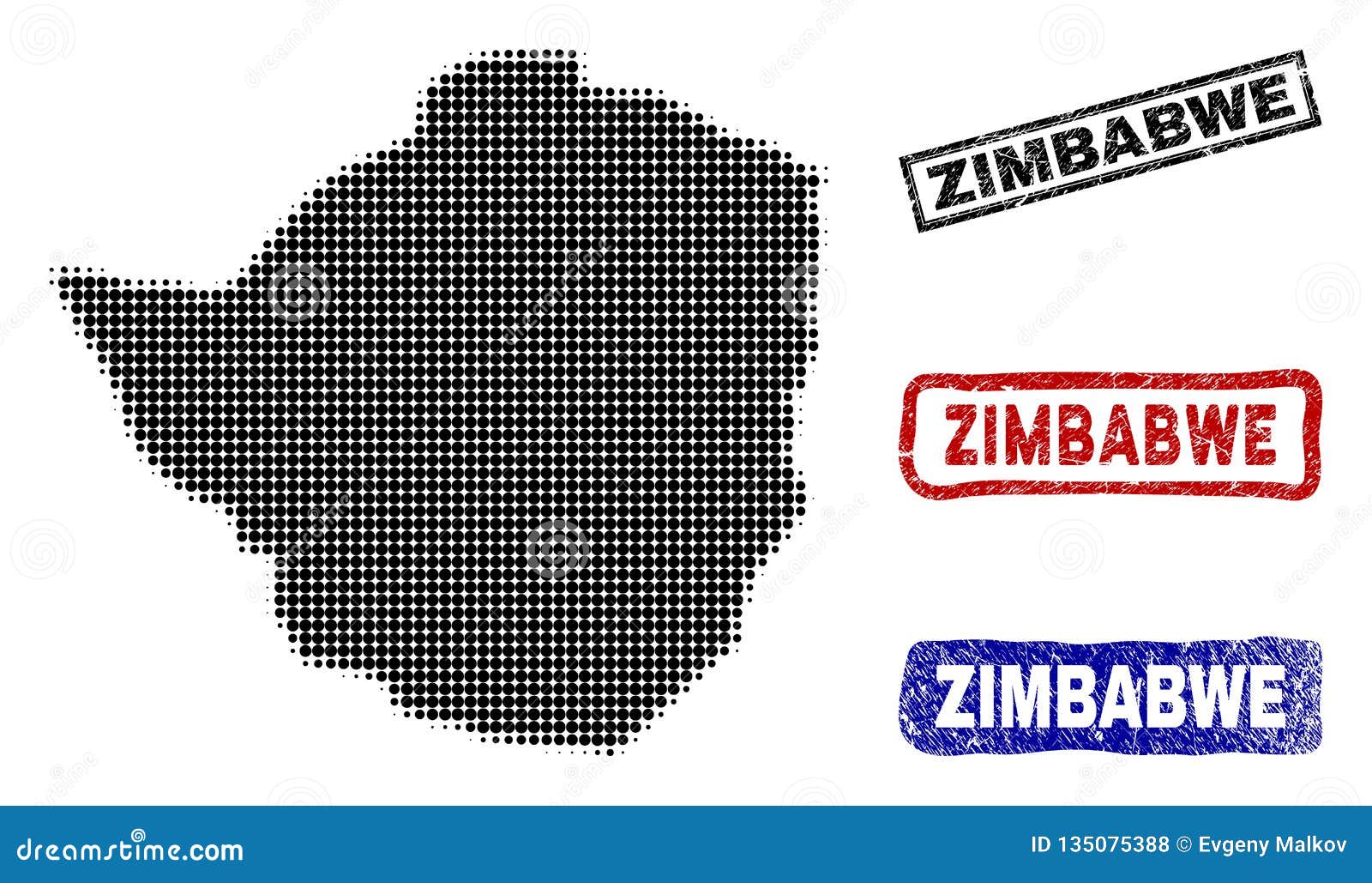 Zimbabwe Map in Halftone Dot Style with Grunge Caption Stamps Stock ...