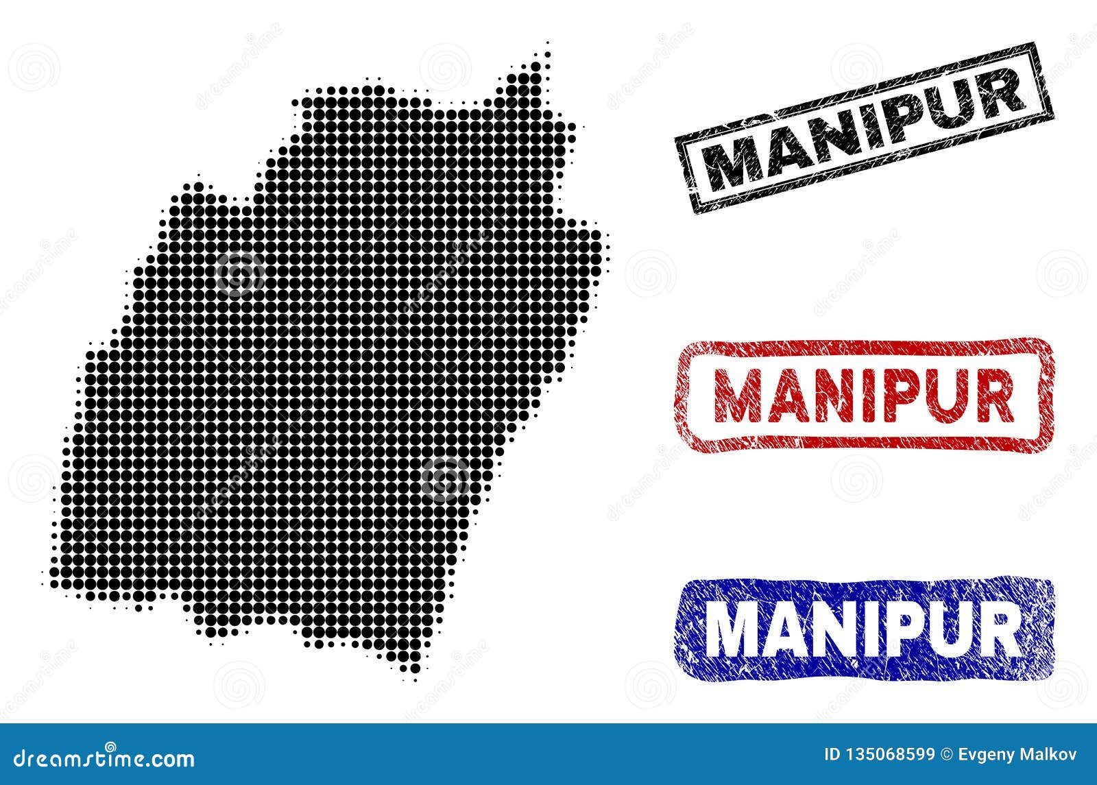 Manipur State Map in Halftone Dot Style with Grunge Title Stamps Stock ...