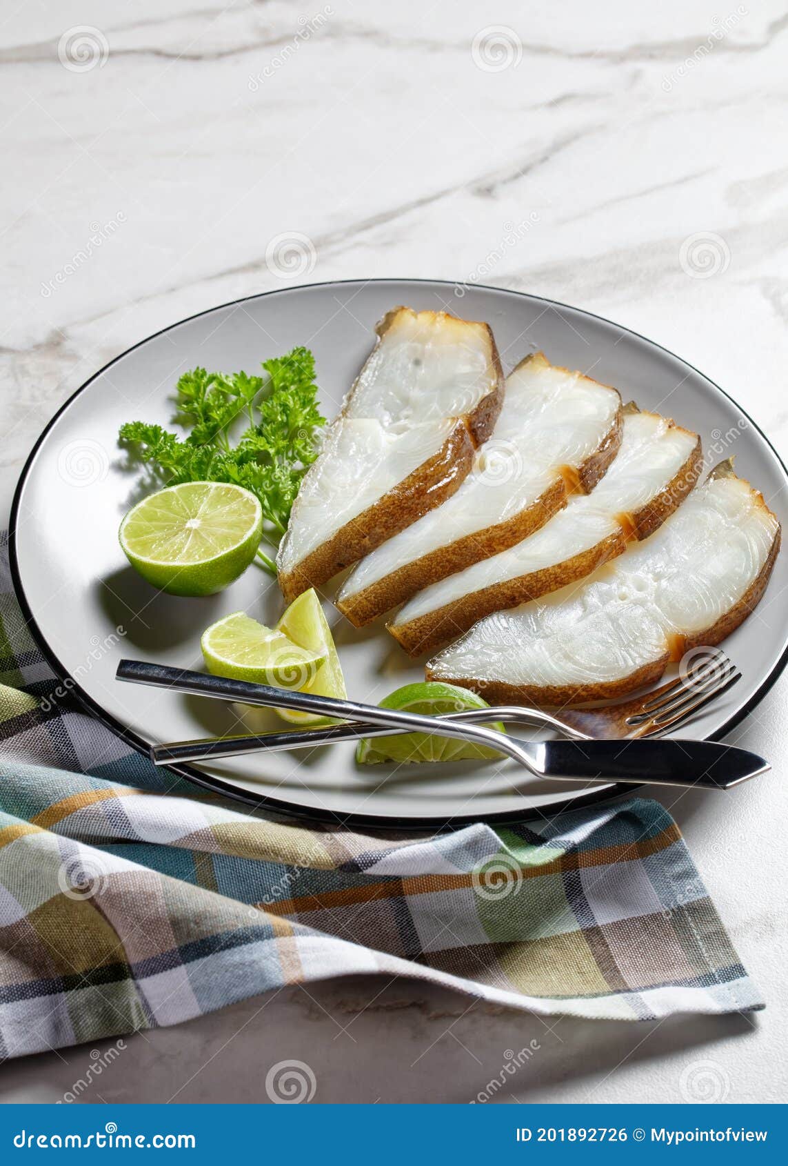 Halibut Fish Slices on a Plate, Top View Stock Photo - Image of ...