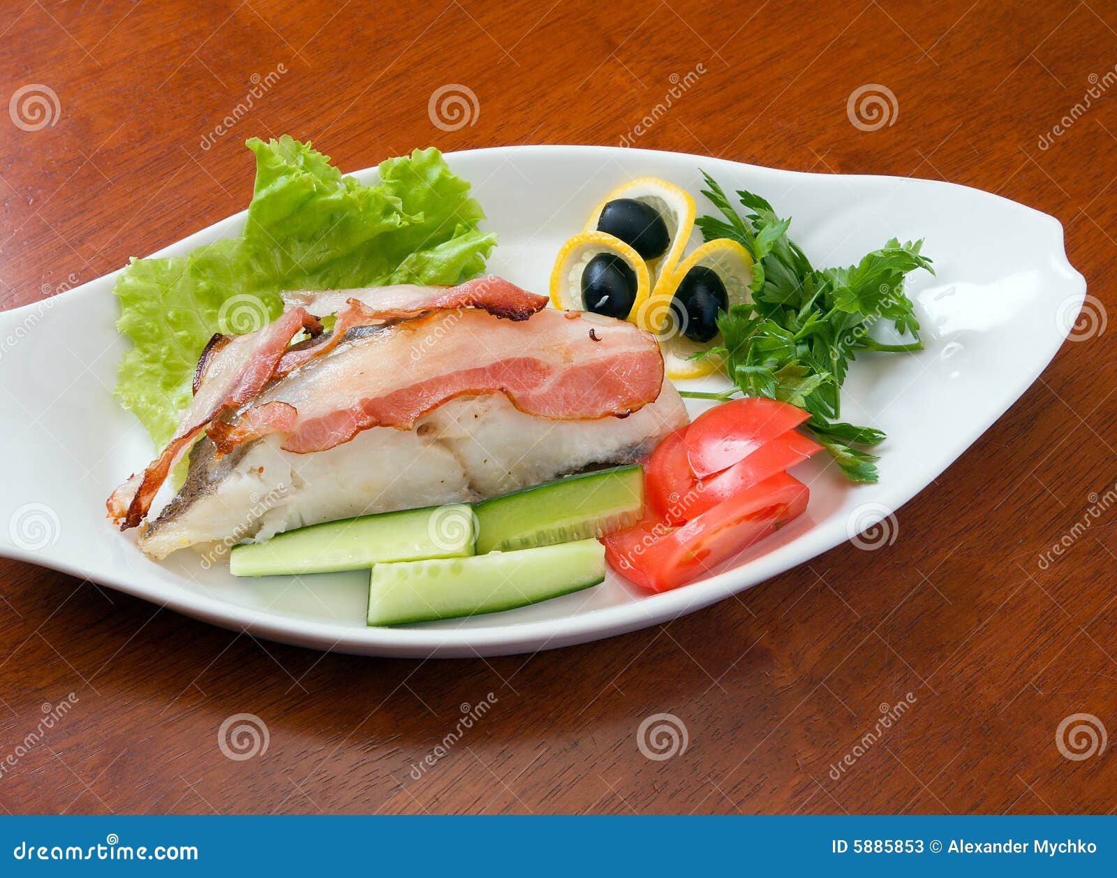 Halibut Prepared with Vegetables and Bacon Stock Image - Image of ...