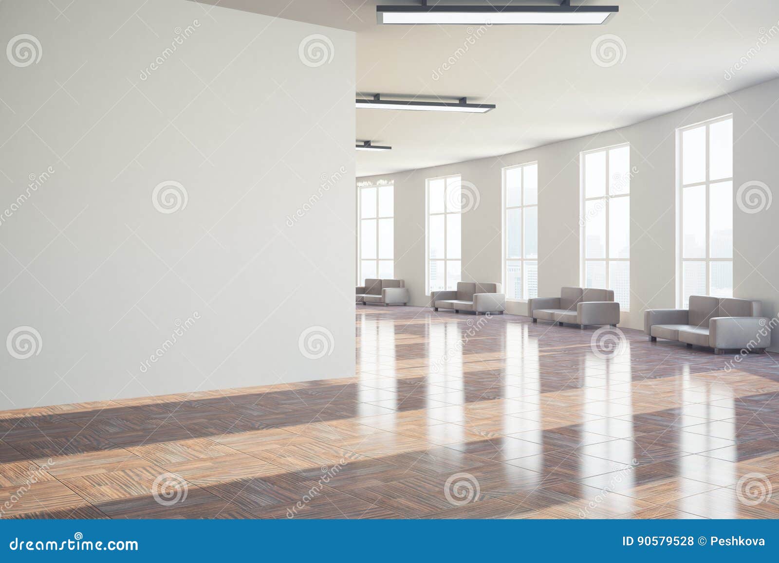 Hall with blank wall stock photo. Image of bright, loft - 90579528