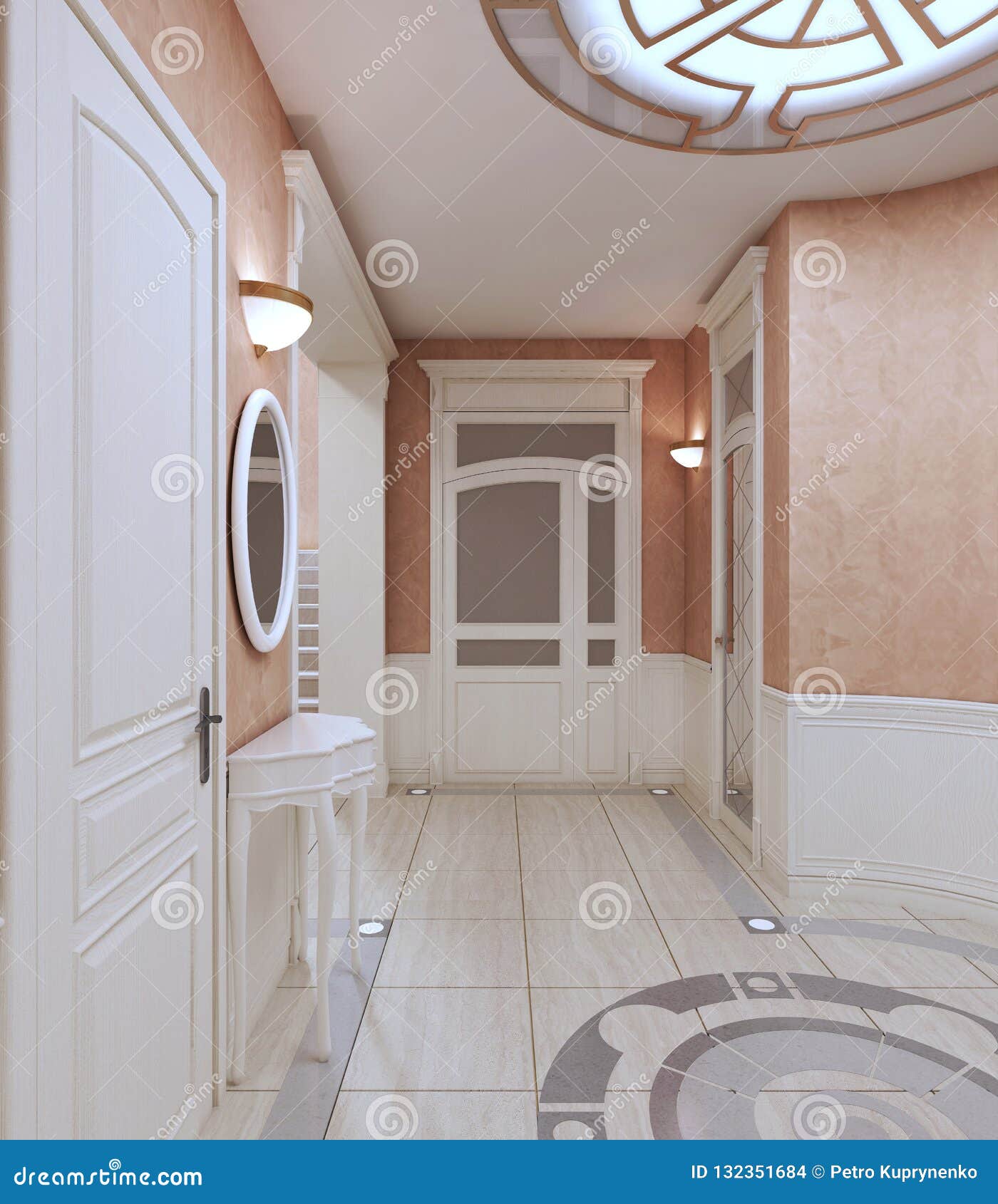 Hall Corridor in Classic Style in Pink Pastel Colors Stock Illustration ...