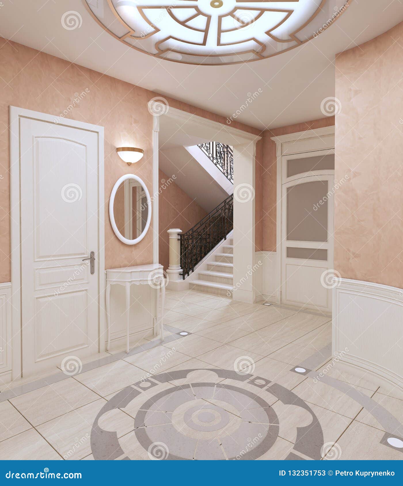 Hall Corridor in Classic Style in Pink Pastel Colors Stock Illustration ...