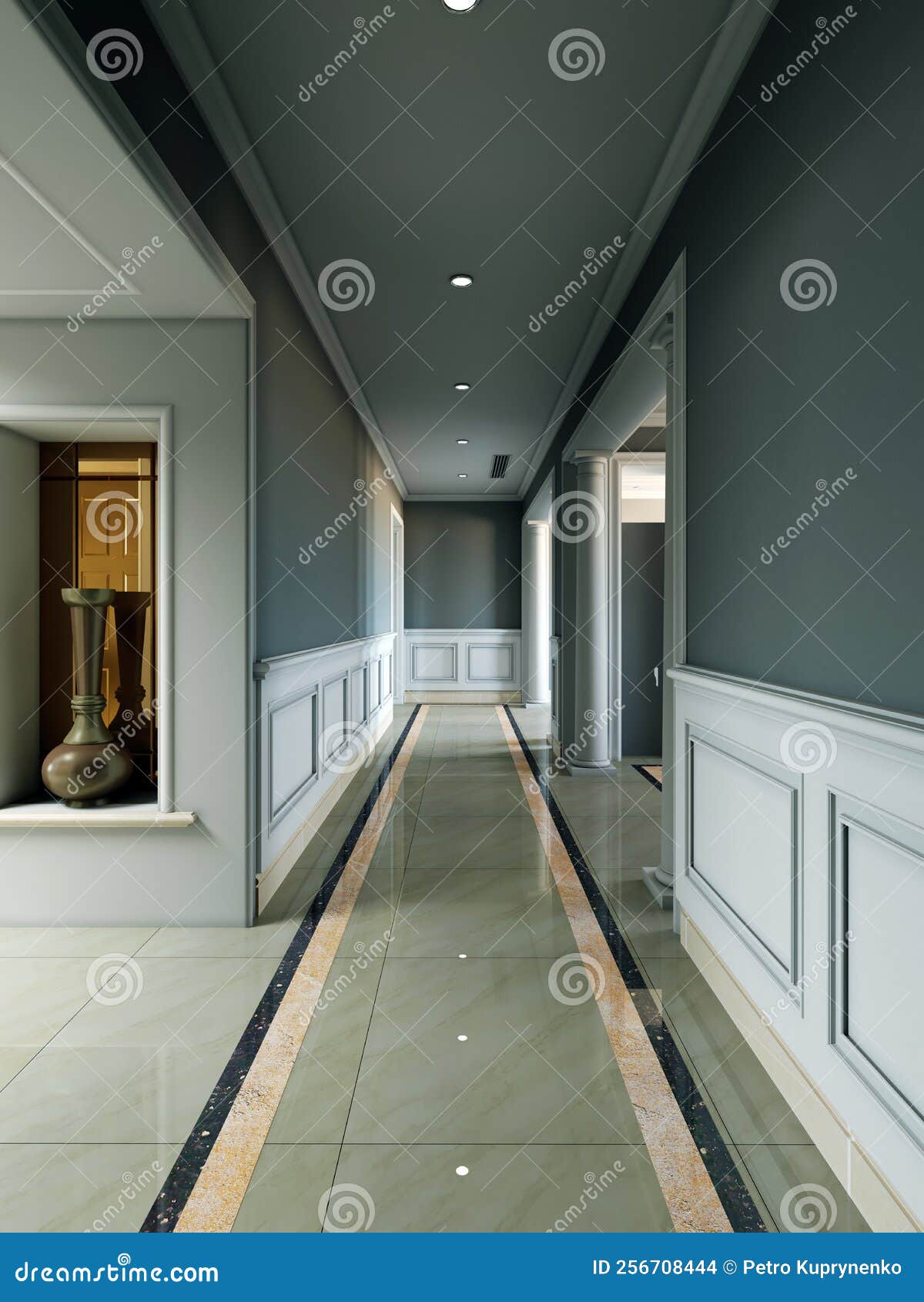 Hall Corridor with Gray Walls and White Wood Paneling in a Classic ...