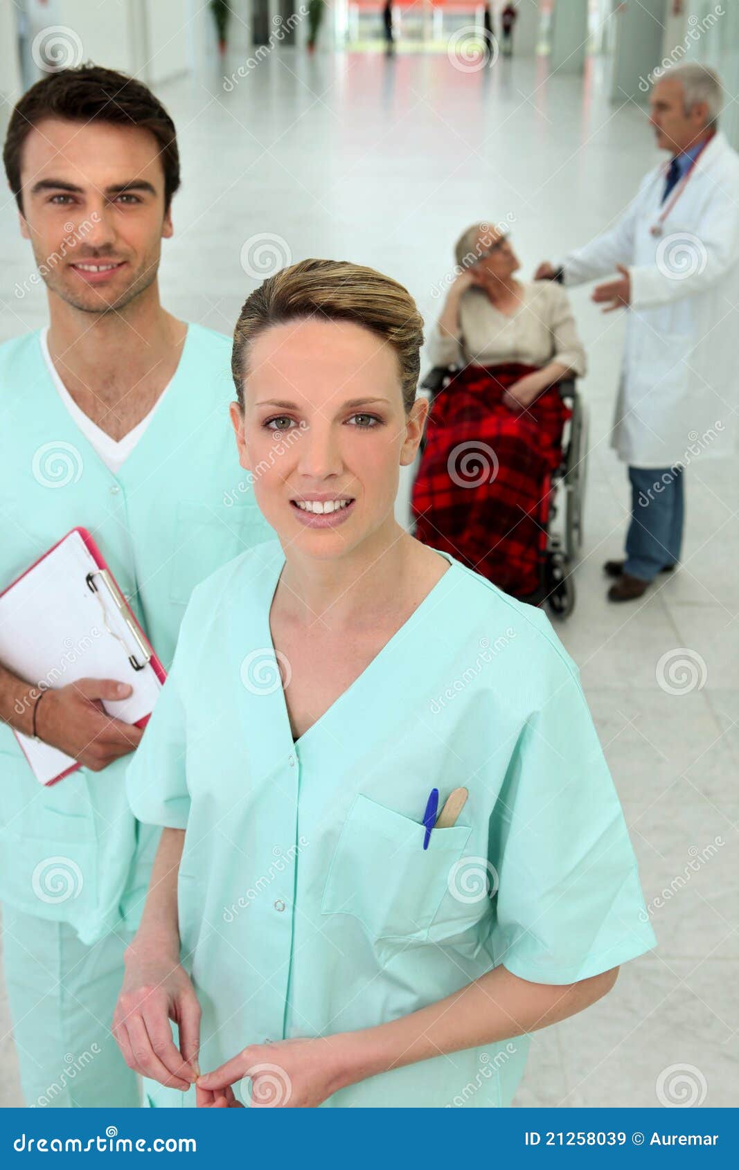 Hall of Hospital: Two Nurses, a Doctor, a Patient Stock Image - Image ...