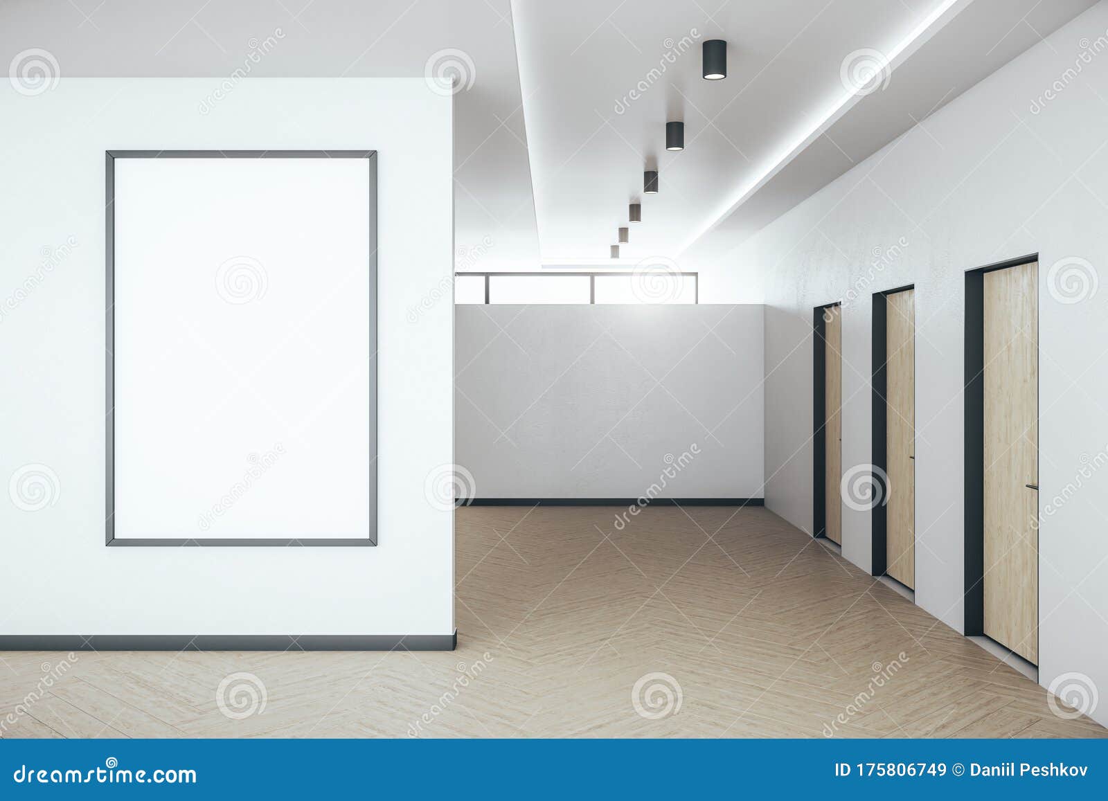 Hall Interior with Blank Poster on Wall and Three Doors Stock ...