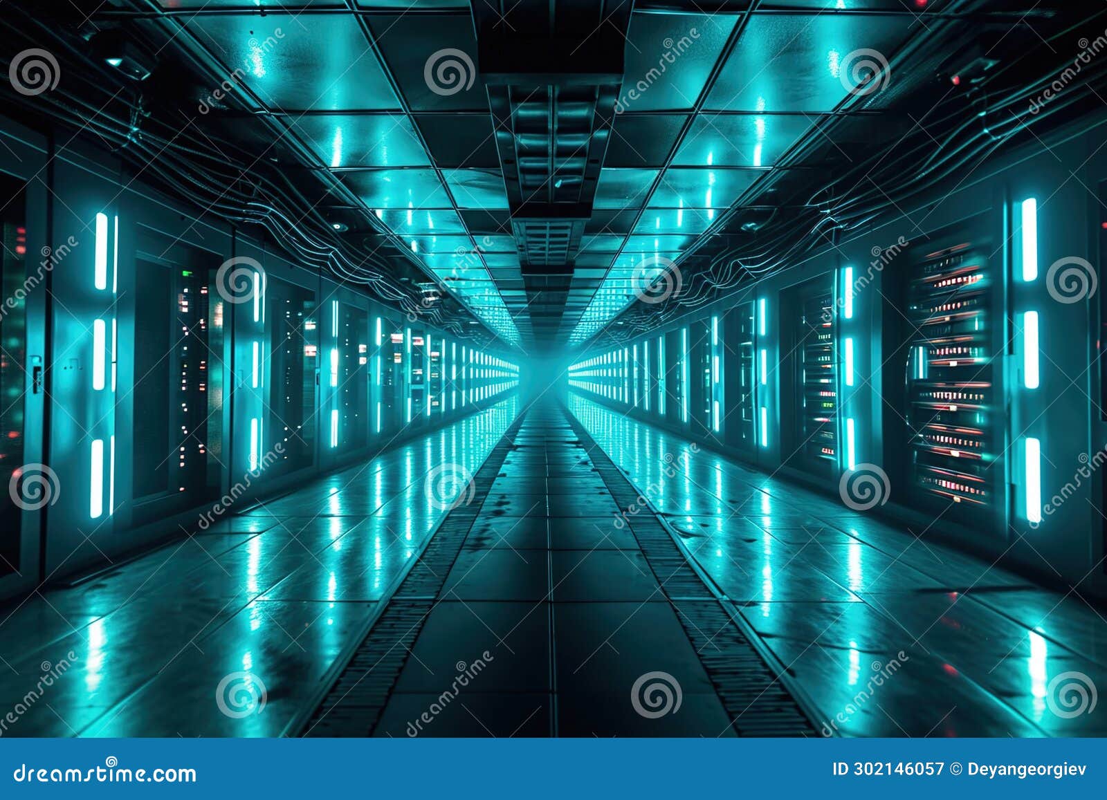 Hall with Super Computer of the Future. Many Computer Units Connected ...