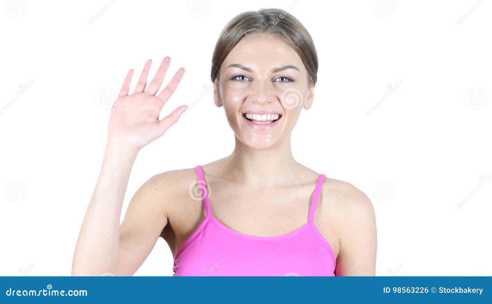 Hallo, Hello, Vrouwen Golvende Hand, Witte Achtergrond Stock Foto ...