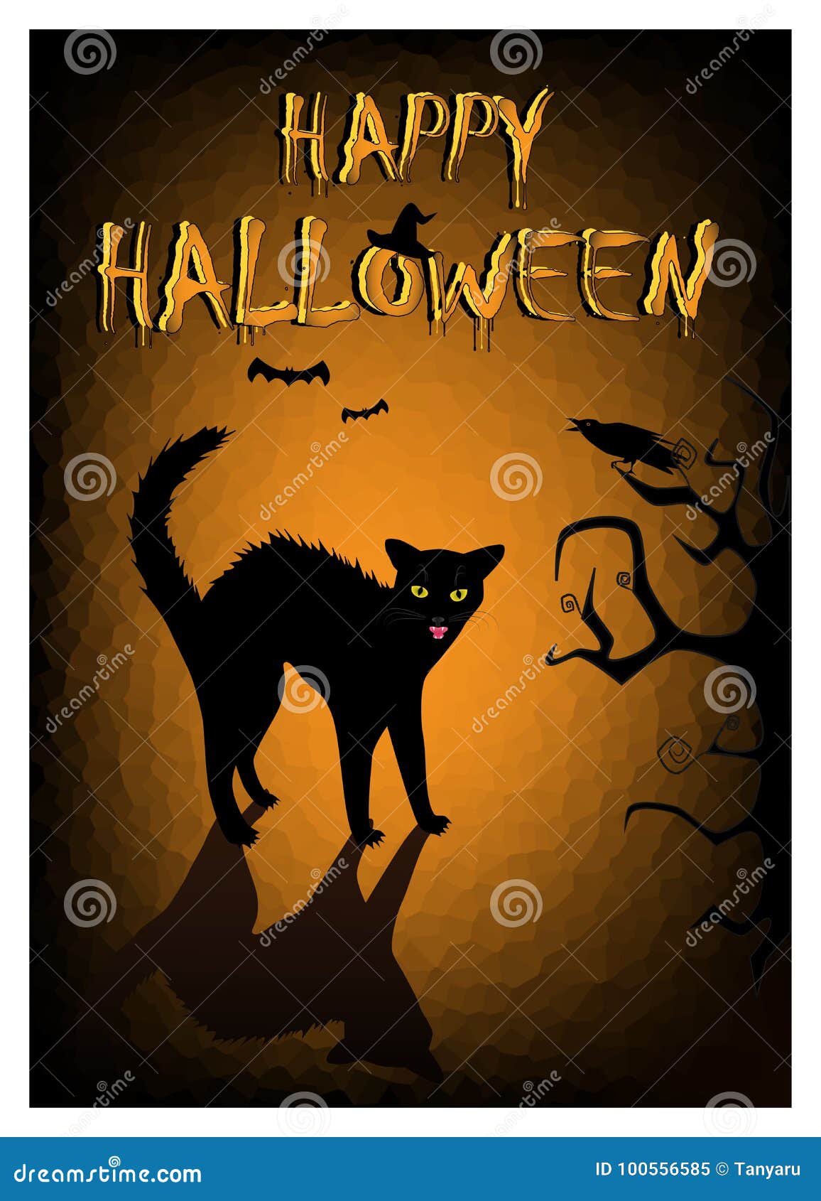 Halloween Angry Black Cat on the Dark Orange Background Stock Vector ...
